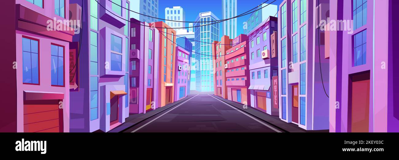 City street with houses and skyscrapers in perspective view. Town ...