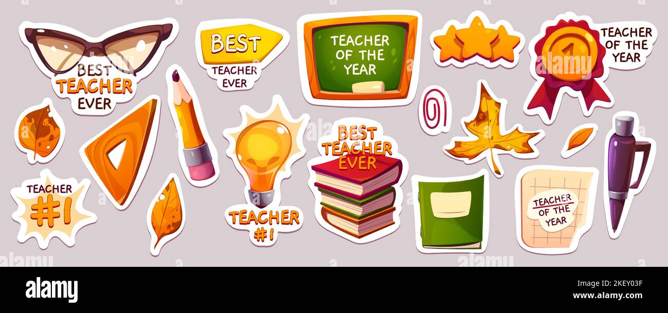 Happy teachers day stickers with books, chalkboard, glasses, autumn ...