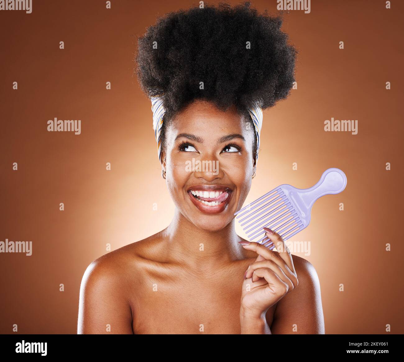 Hair care, comb and black woman with smile, natural beauty or stylish ...