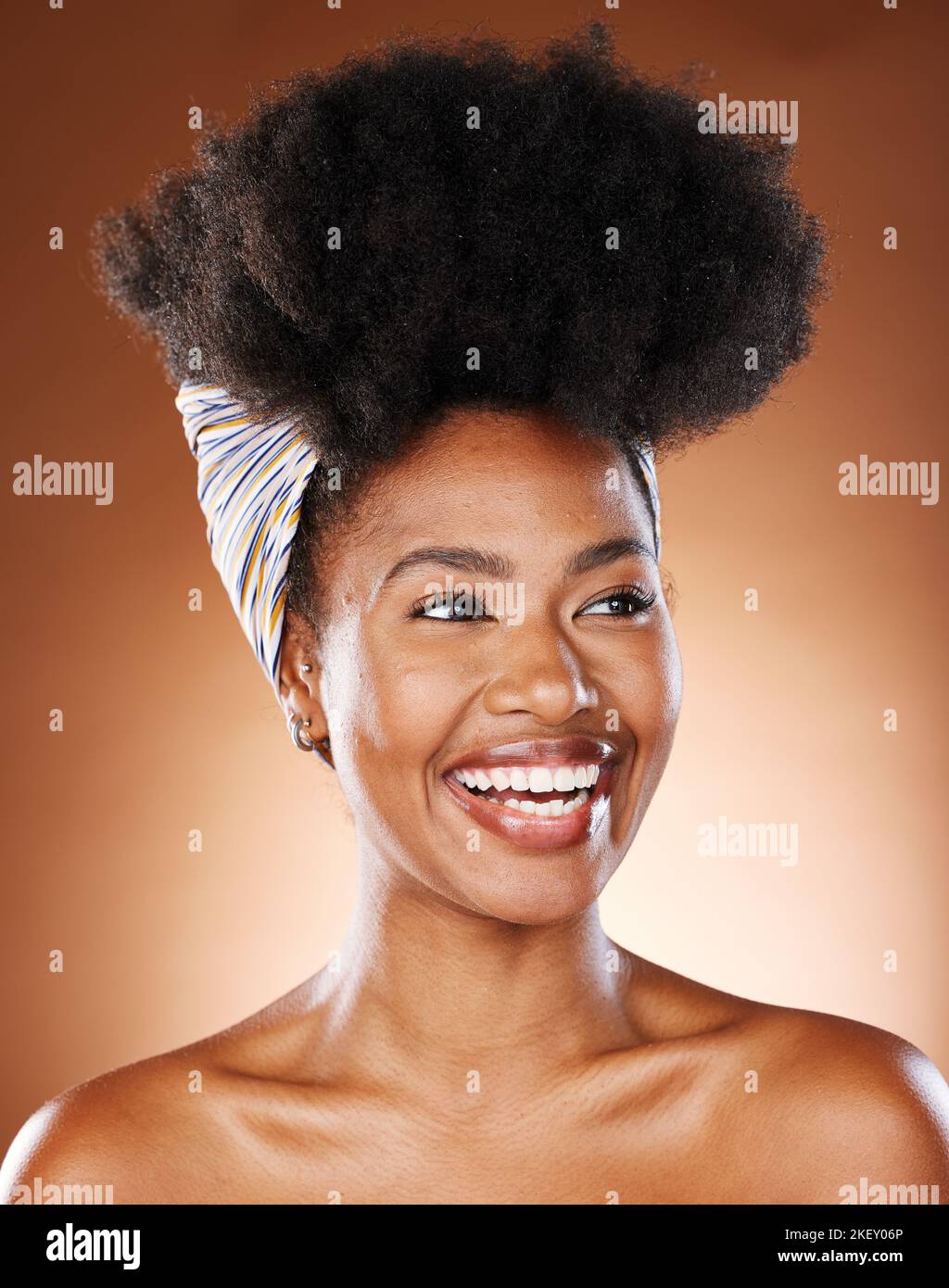 Black woman, afro hair and skincare glow on studio background with hair ...