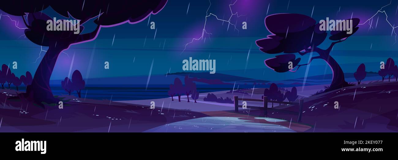 Night rain at countryside cartoon landscape, storm with lightning ...