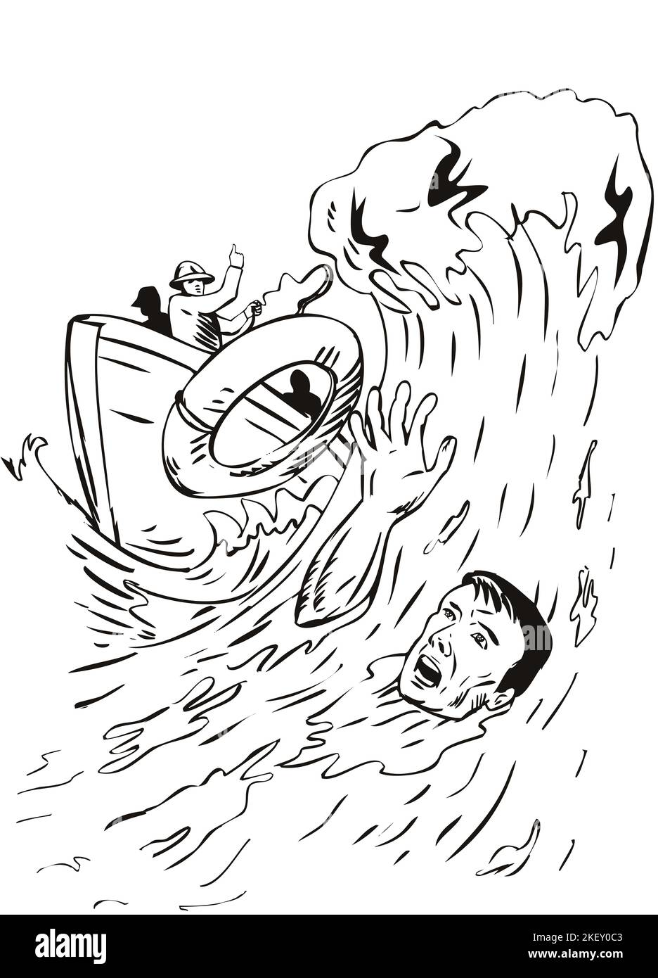 Illustration of man drowning and lifeguard on lifeboat rescuing ...