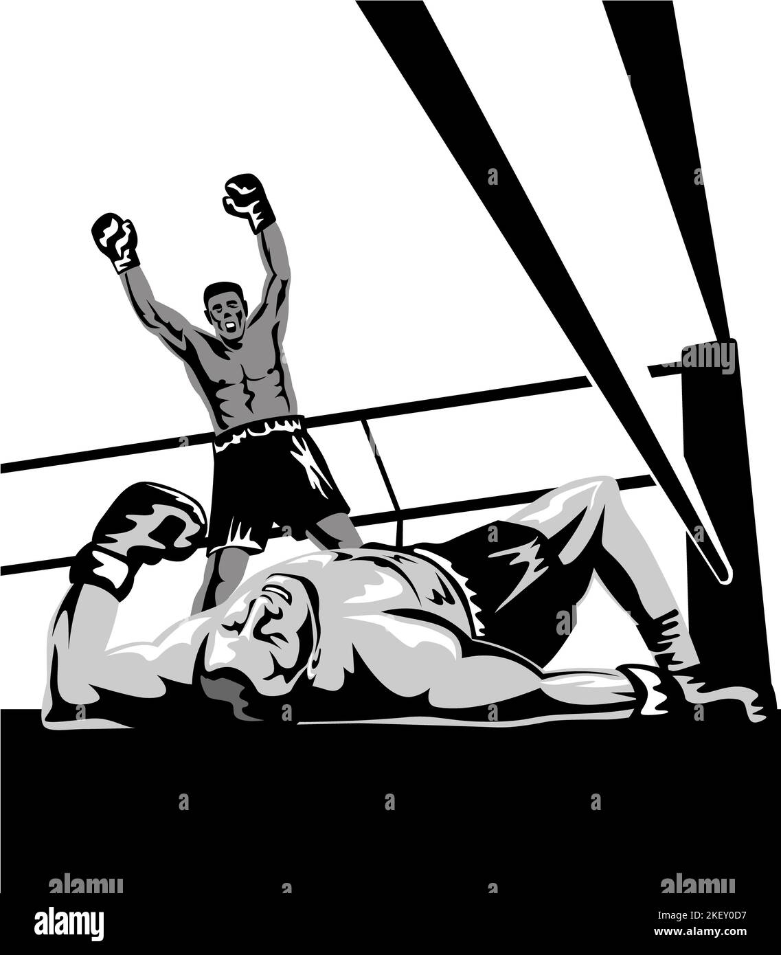 Illustration of a boxer celebrating victory knockout with prizefighter ...