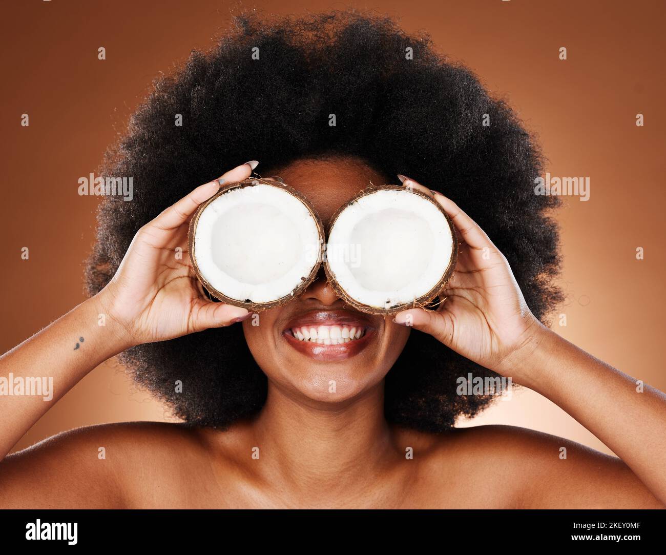 Coconut oil, black woman and beauty for natural cosmetics, healthy ...