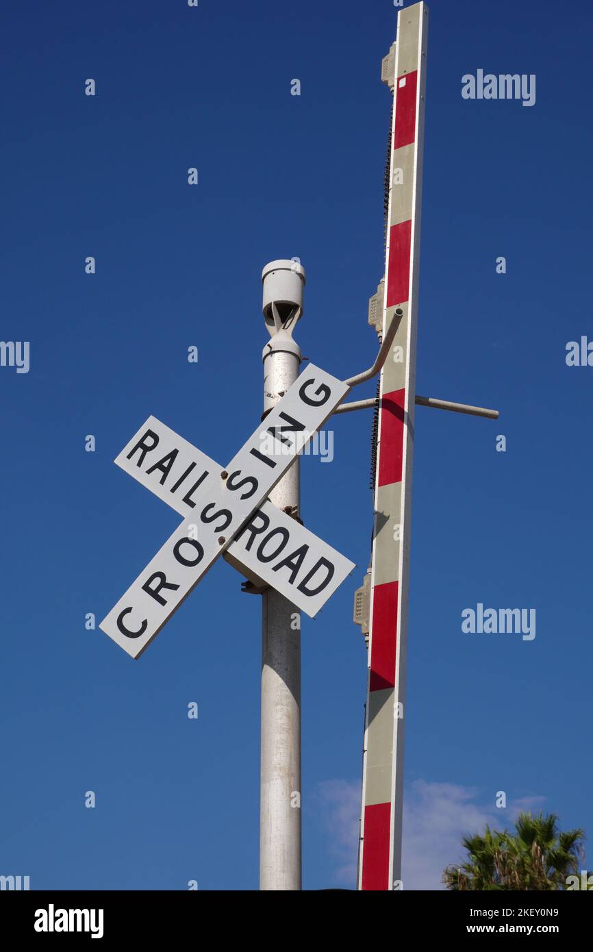 Railroad Crossing sign at the San Clemente train station near the pier ...