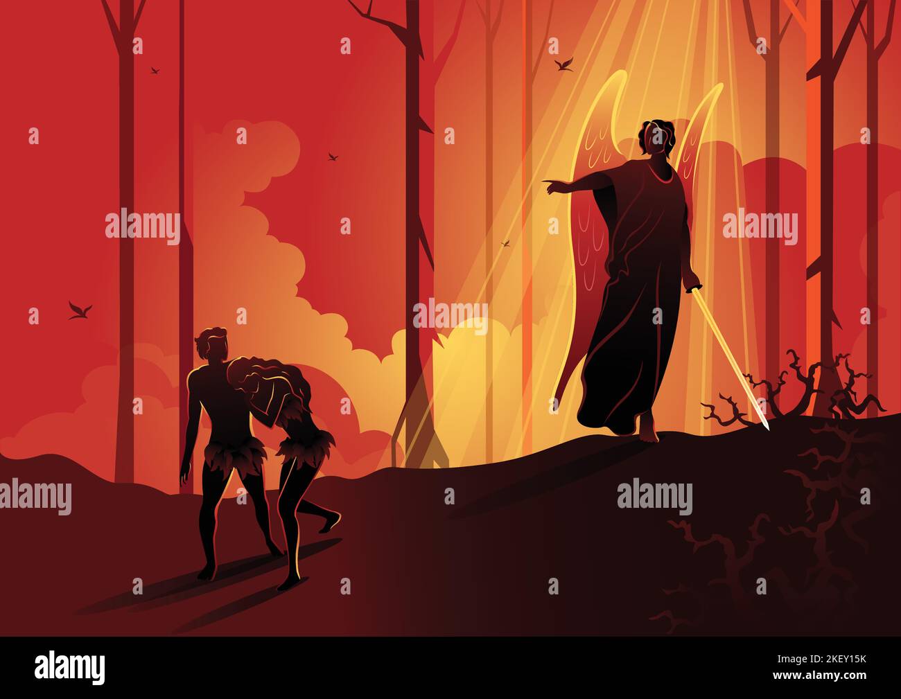 An illustration of Adam and Eve Expelled From The Garden. Biblical ...