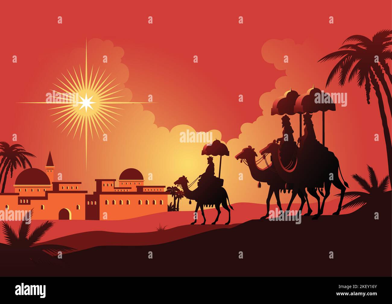 An illustration of a journey of three wise man to Bethlehem. Biblical ...