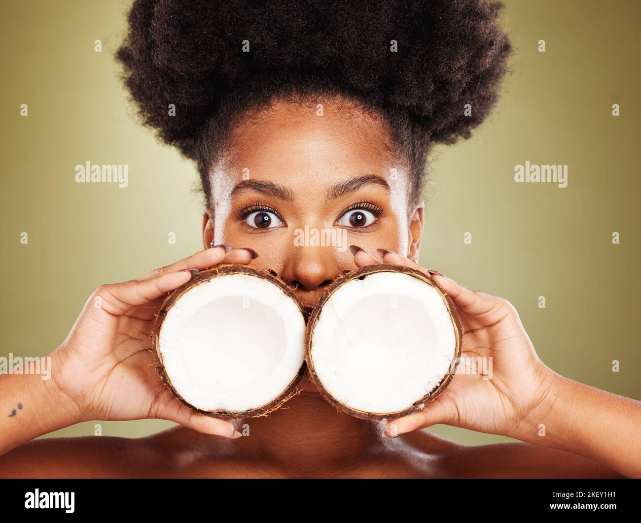 Skincare, beauty and portrait of black woman with coconut in studio on ...
