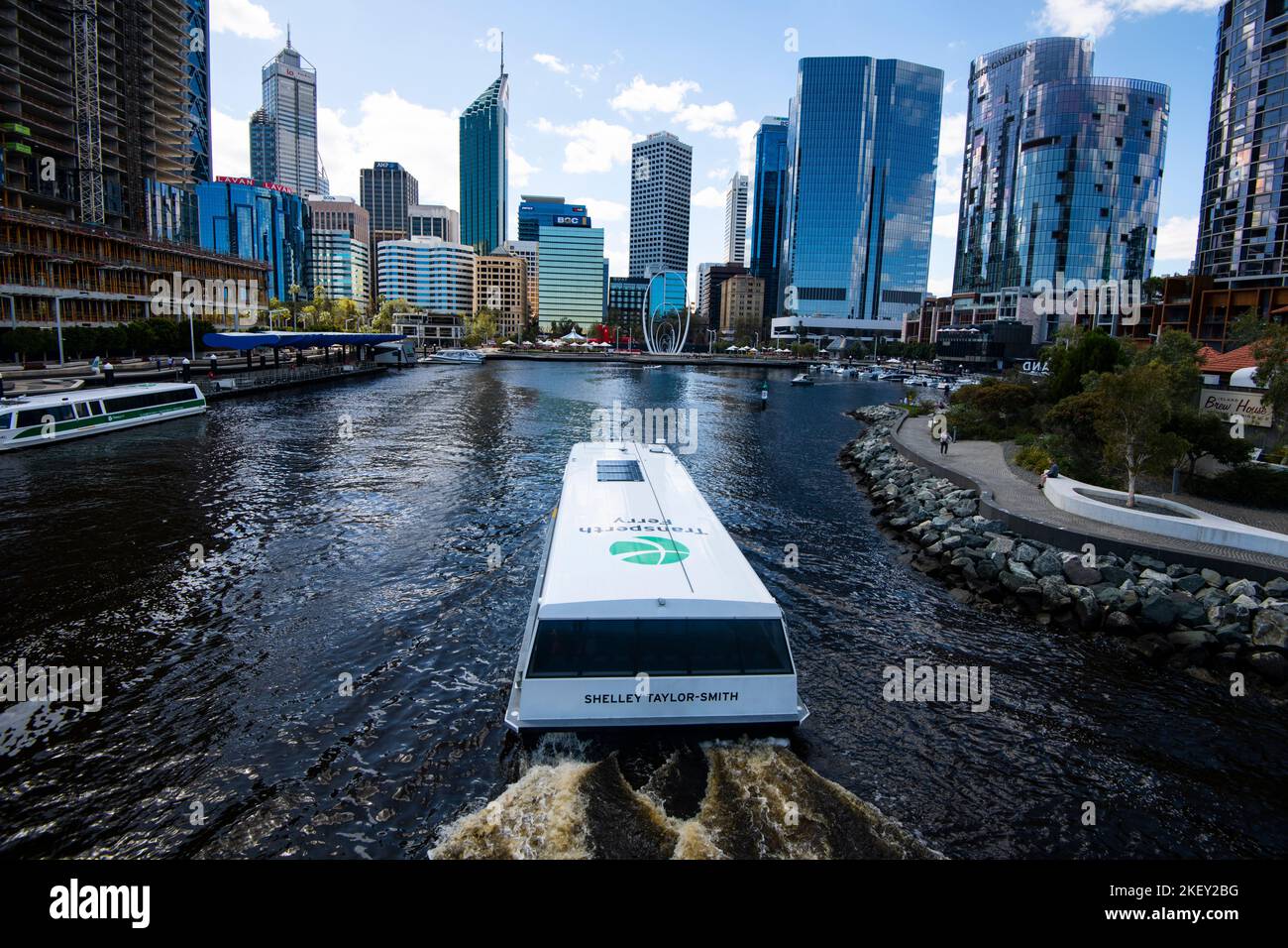 Swan River pleasure boat ferry arriving at Queen Elizabeth Quay, Perth ...