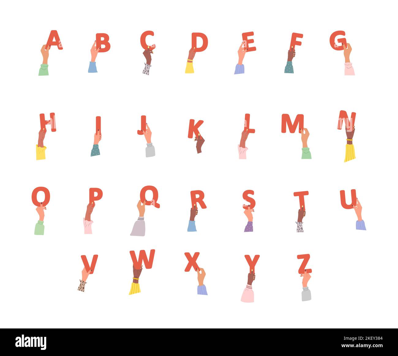 Group of different female hands holding red alphabet letters. Diverse ...