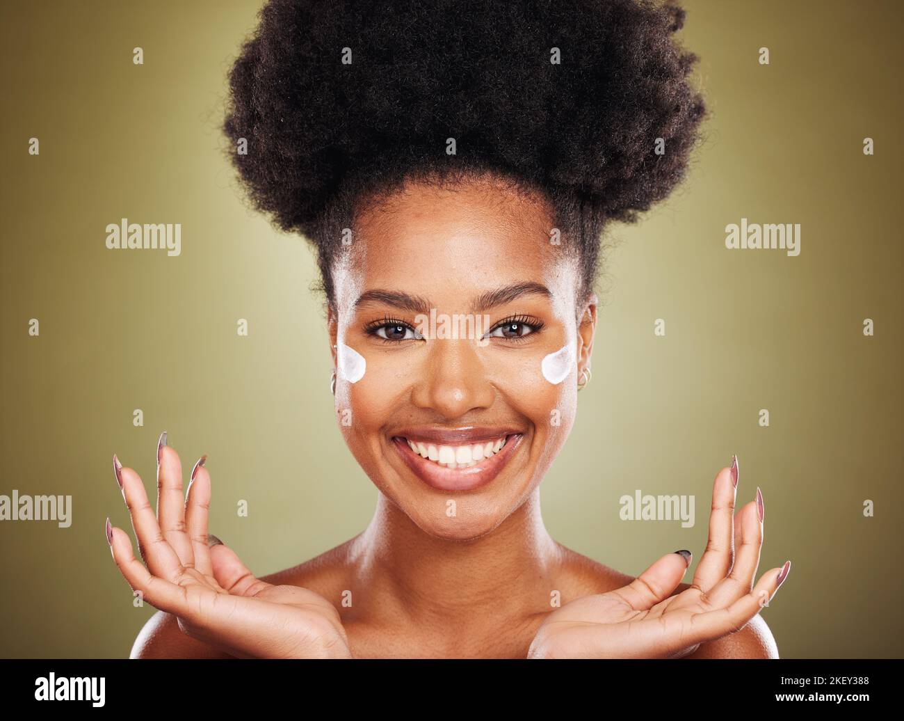 Facial cream, black woman and lotion for skincare, sunscreen and makeup ...