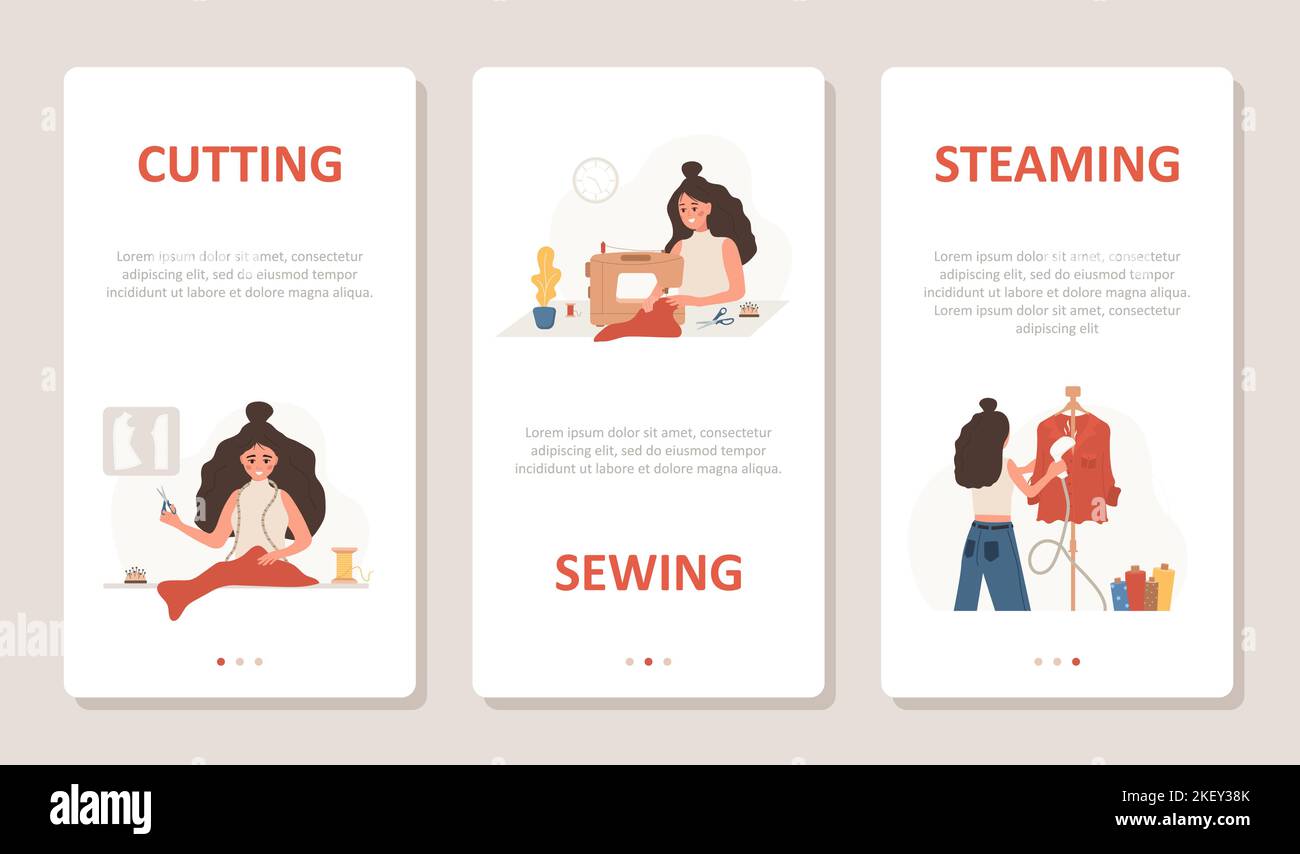 Sewing concept. Woman seamstress sews, cuts and streams clothes. Set of ...