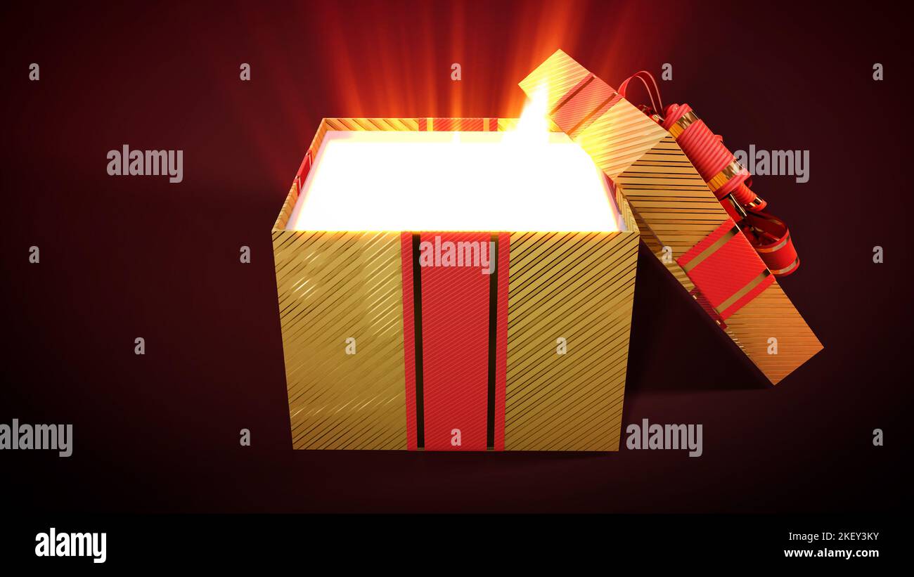 opened goldish and red surprise gift box with light from inside ...