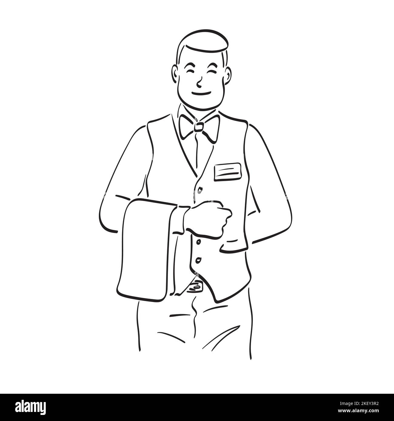 smiling male waiter in tuxedo and napkin illustration vector hand drawn ...