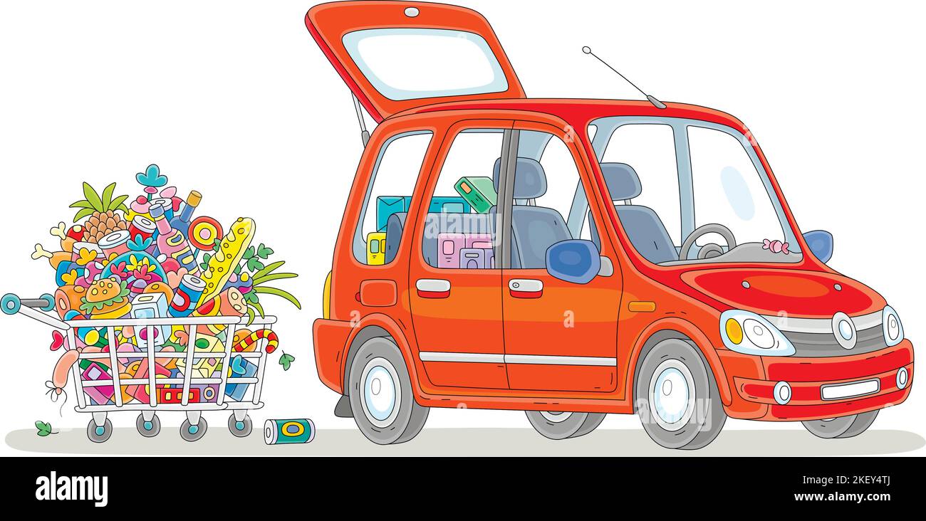 Red cute car with an open trunk in a supermarket parking lot and a ...