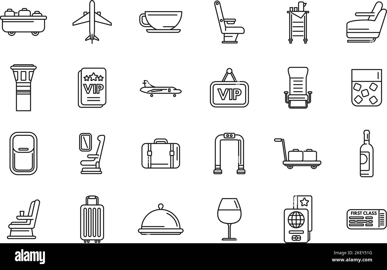 First class travel icons set outline vector. Airplane service. Seat ...