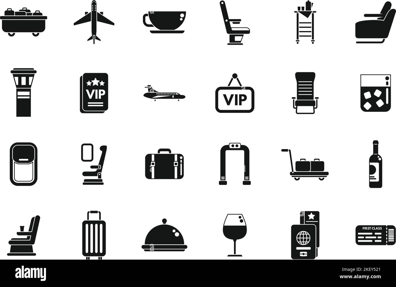 First class travel icons set simple vector. Airplane service. Seat ...