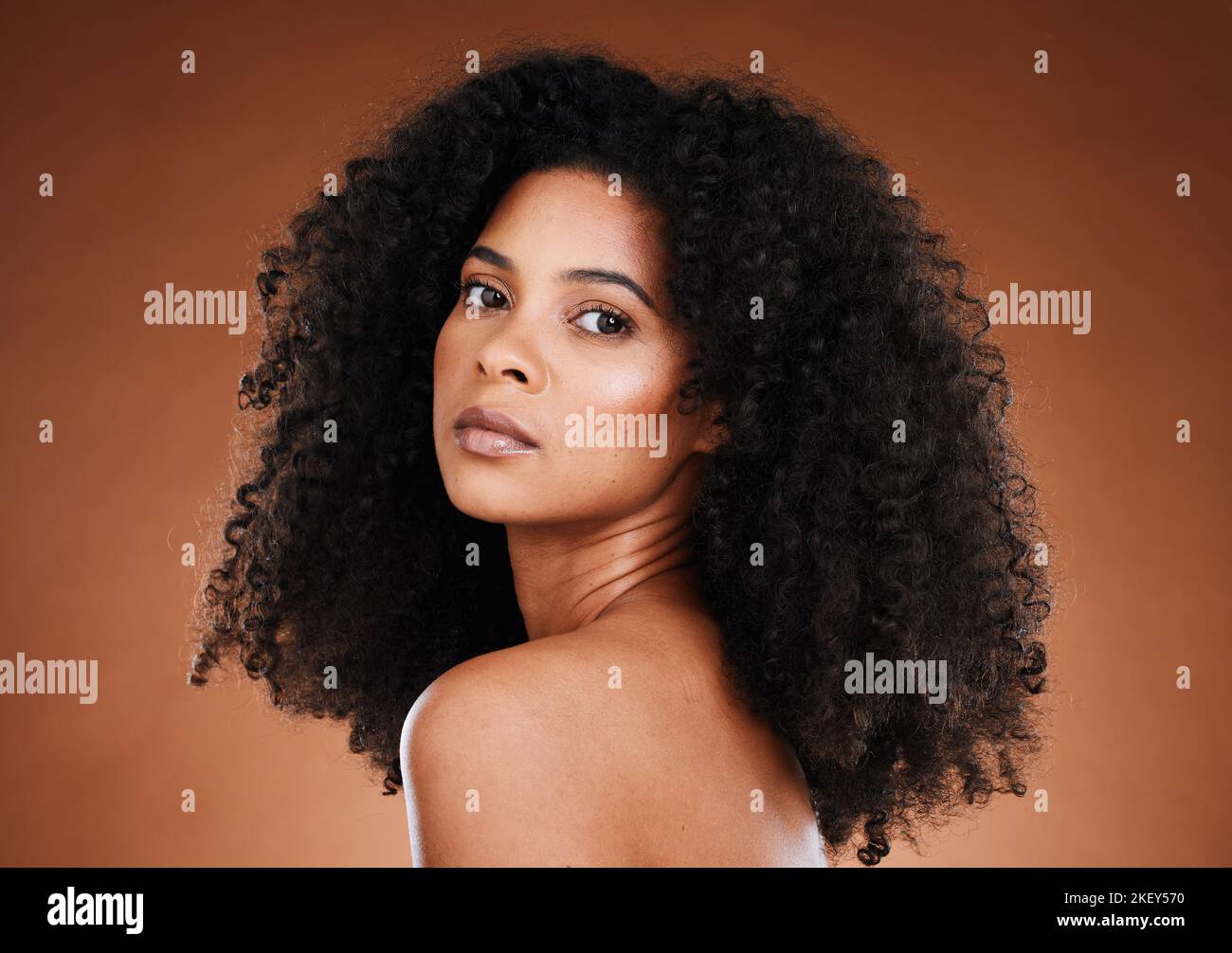 Model, black woman and afro hair with beauty, makeup and wellness in ...