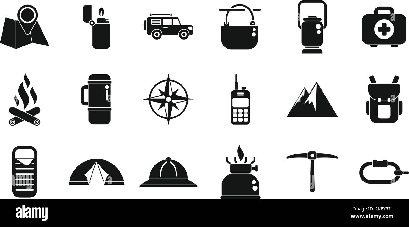 Expedition icons set simple vector. Hiker adventure. Alpine wind Stock ...