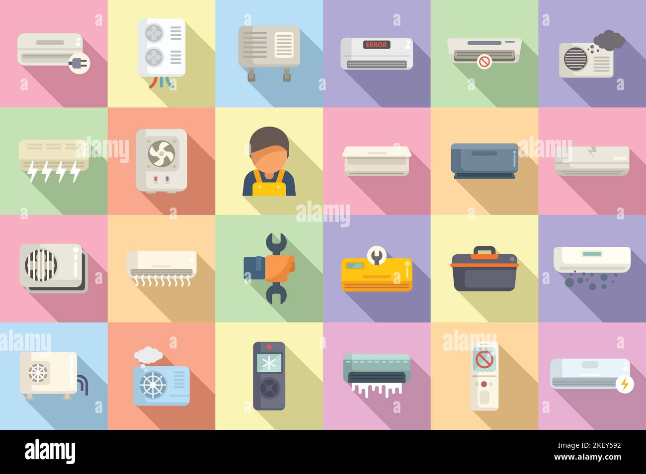 Repair air conditioner icons set flat vector. Install hvac. Air pump ...