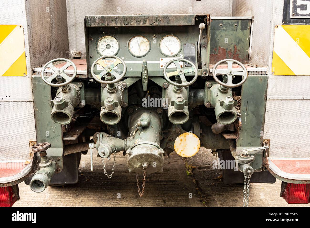 Water hose valves on the back of a "Green Goddess" military fire engine ...