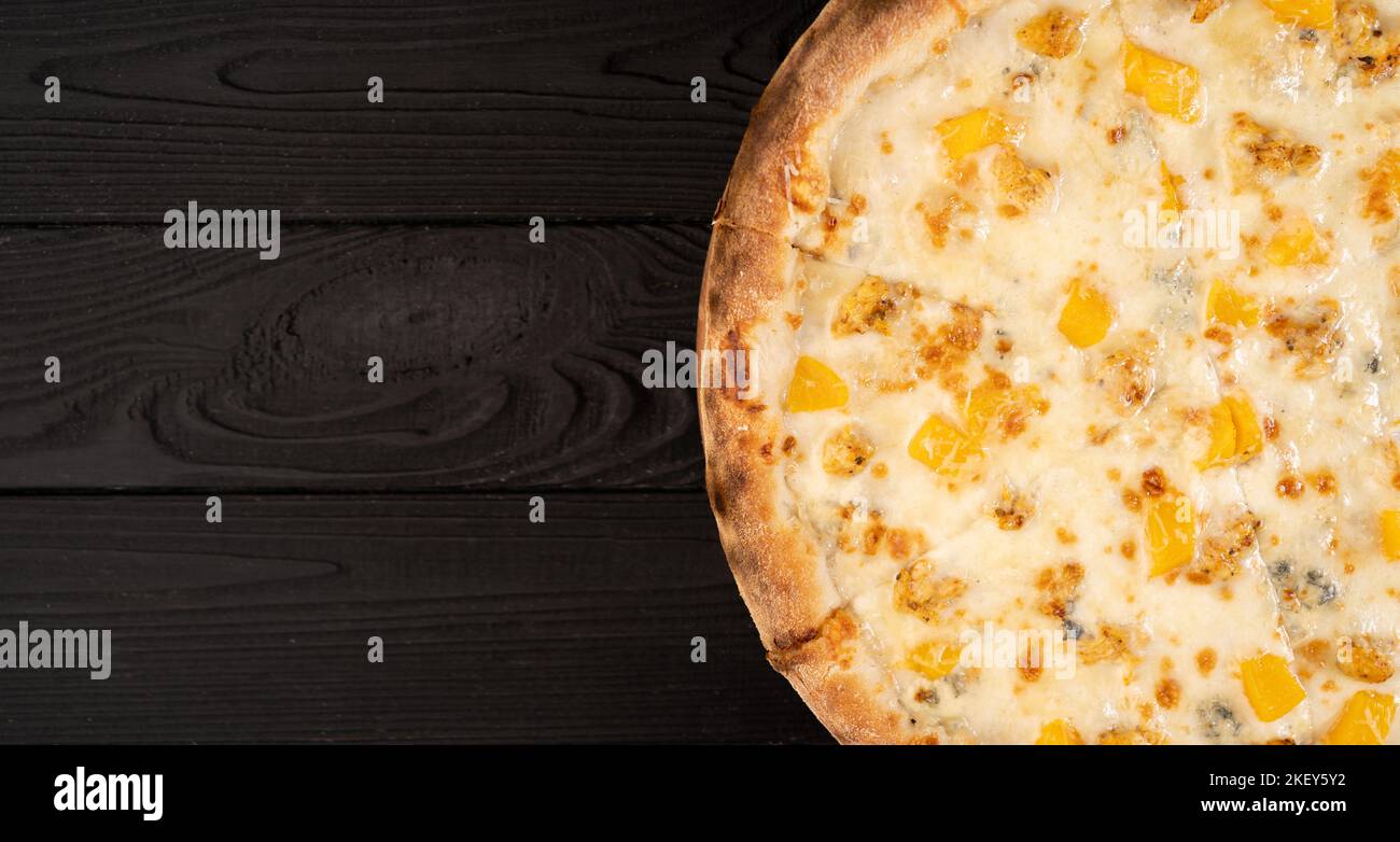 Sweet Gorgonzola pizza with honey and peach on wooden background Stock ...