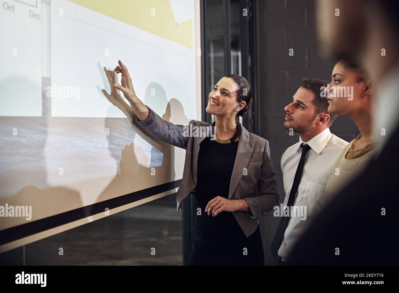 Talking numbers with her team. an executive giving a presentation on a ...