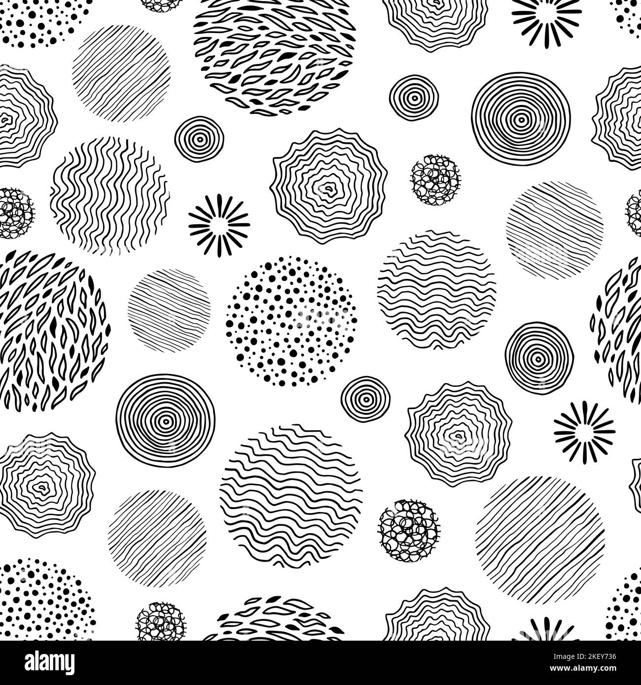 Hand drawn black, white circle seamless pattern. Doodle style abstracrt ...