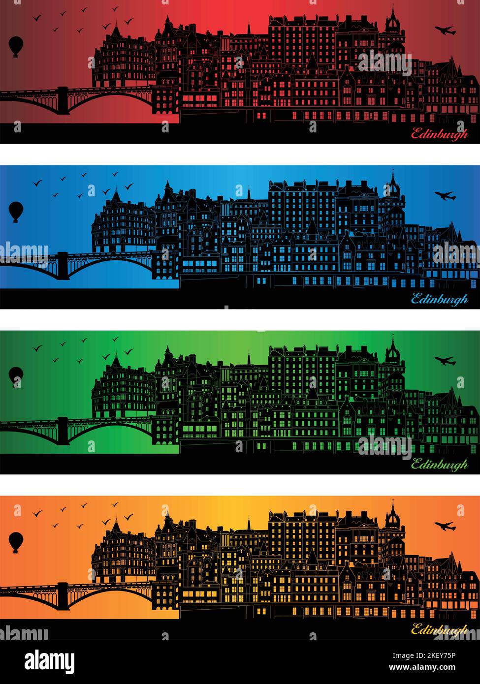 Edinburgh city in a four different colors - illustration, Town in ...