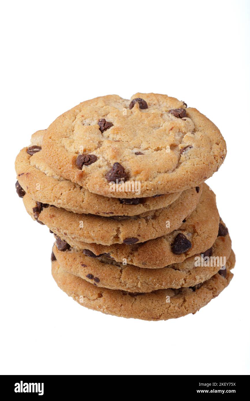 Close up of chocolate chip cookies isolated on white background with ...