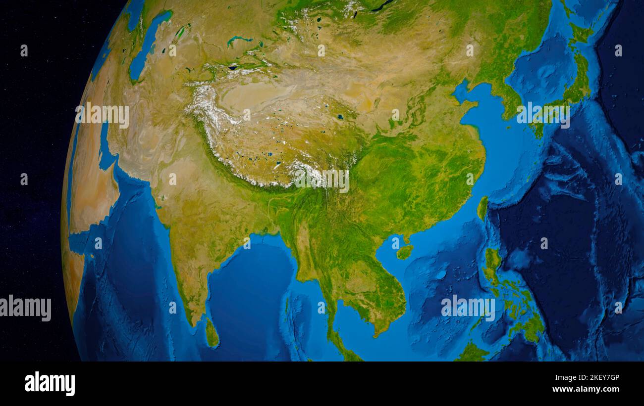 Earth globe zoomed and focused on Asia continent. Day side of Earth ...