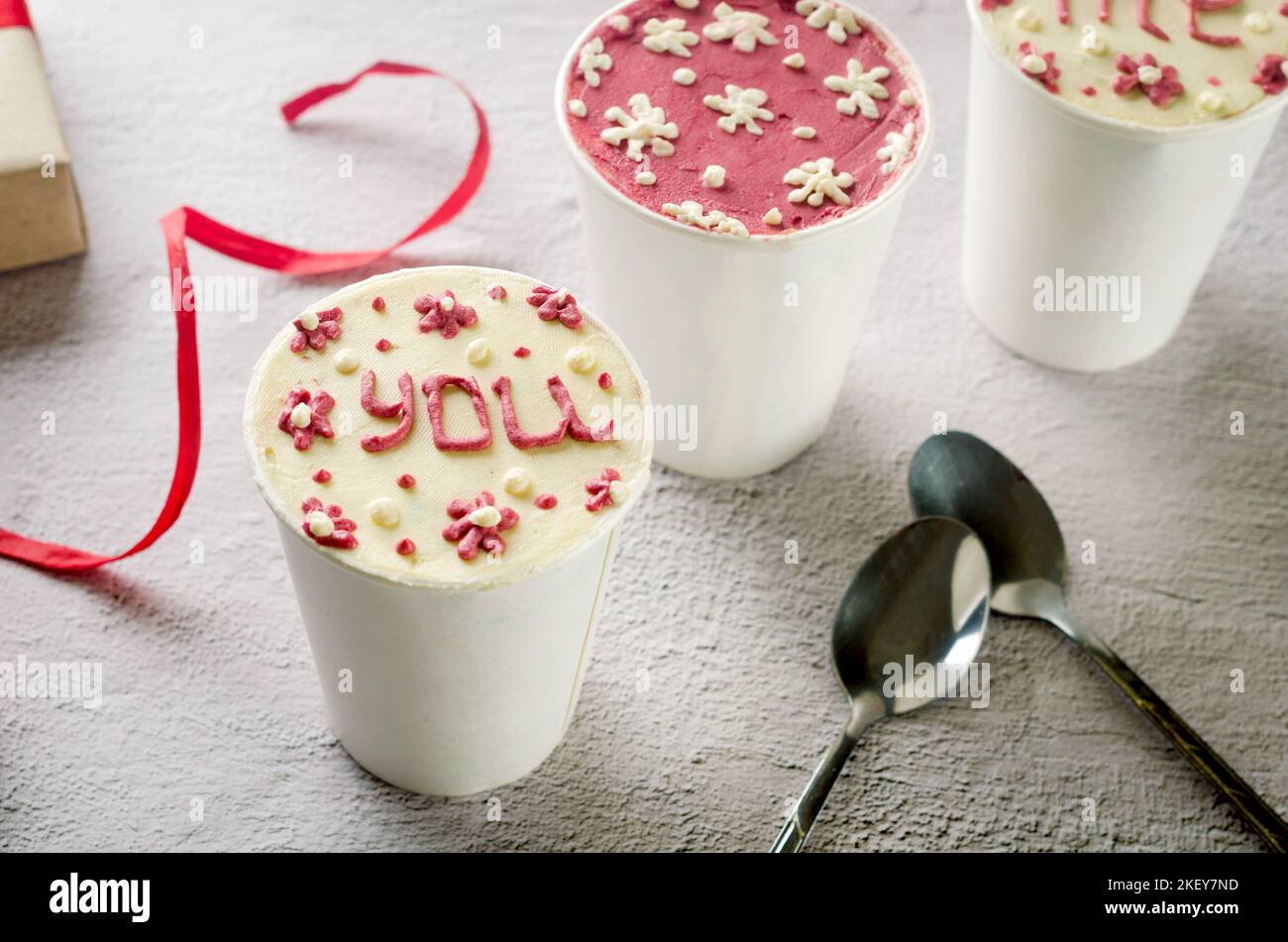 homemade mini cake in white disposable coffee cups, new confectionery ...