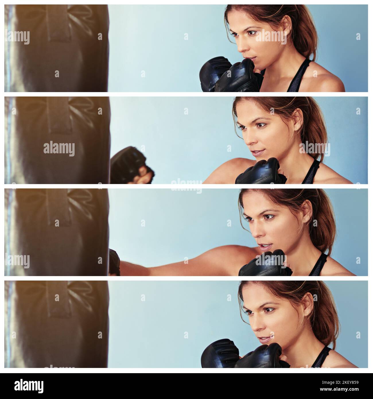Building her punching power. Composite image of a female boxer working ...