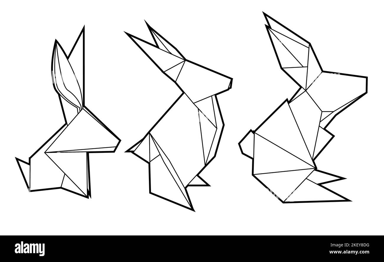 Set of vector contour origami rabbits. Polygonal outline hares isolated ...