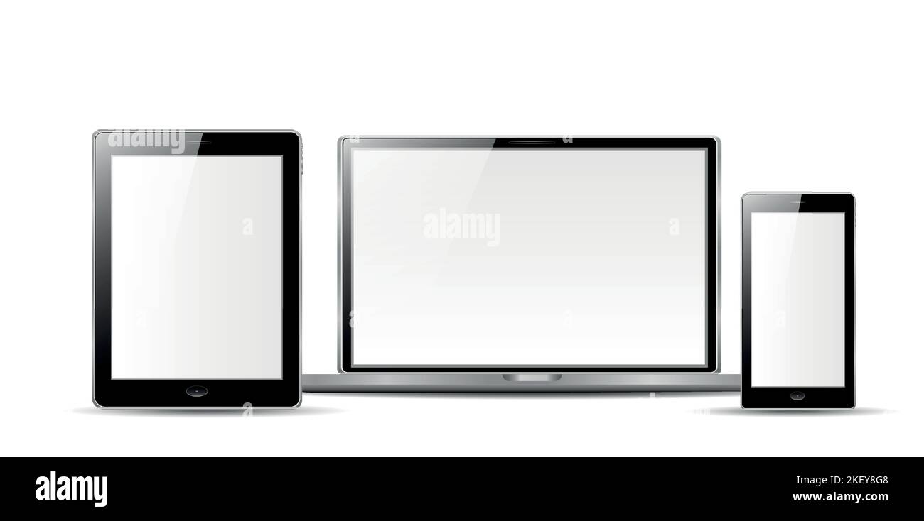 smartphone, tablet and laptop set with blank screen saver isolated on ...