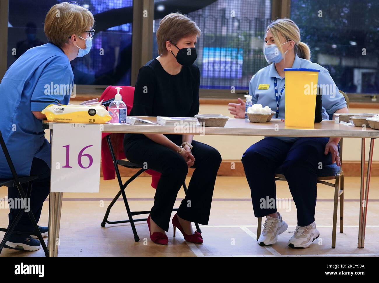 First Minister Nicola Sturgeon chats with medical screener Wilma Ahmed ...