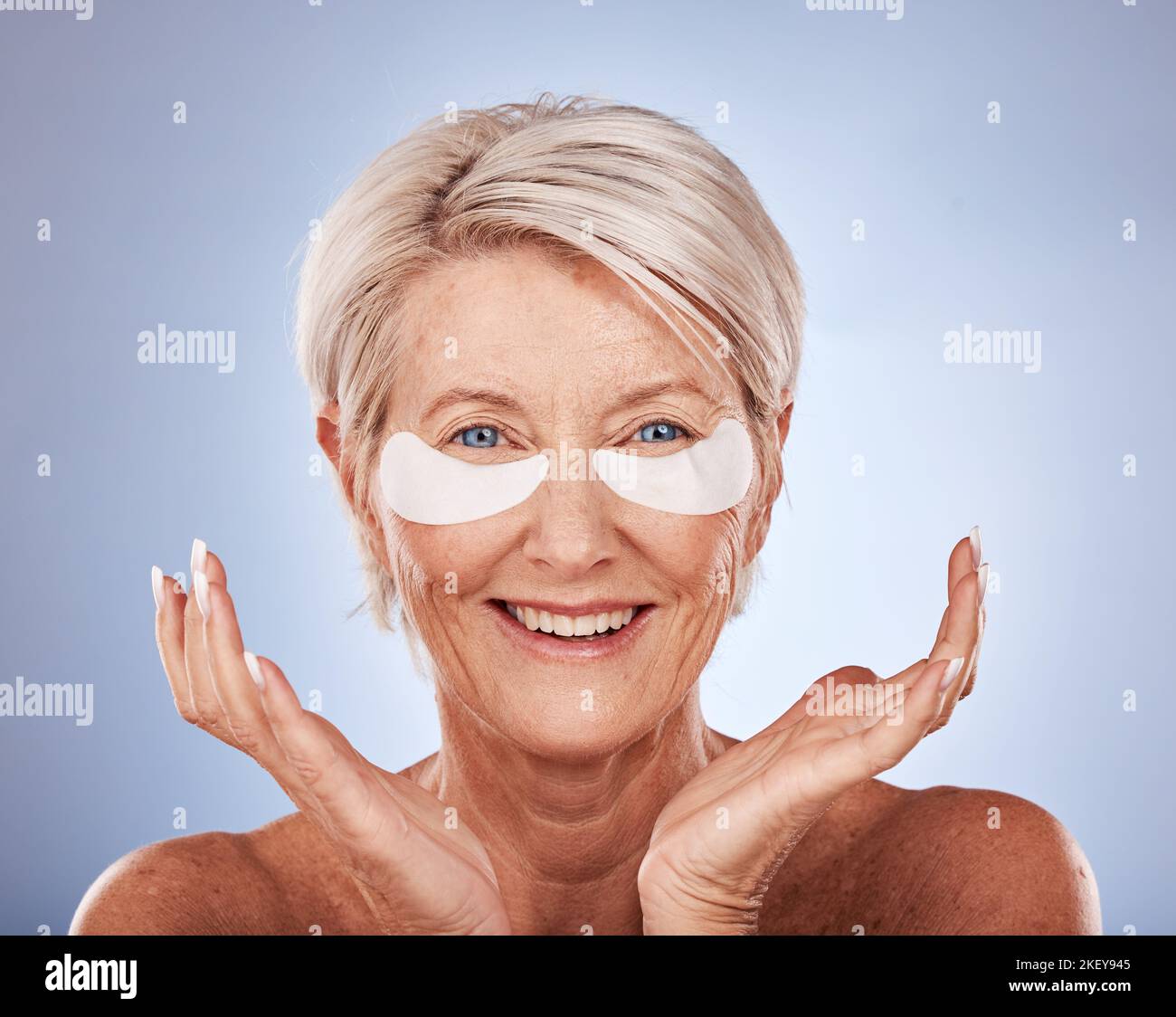 Skincare, senior woman and eye patches for cosmetic, wellness and ...