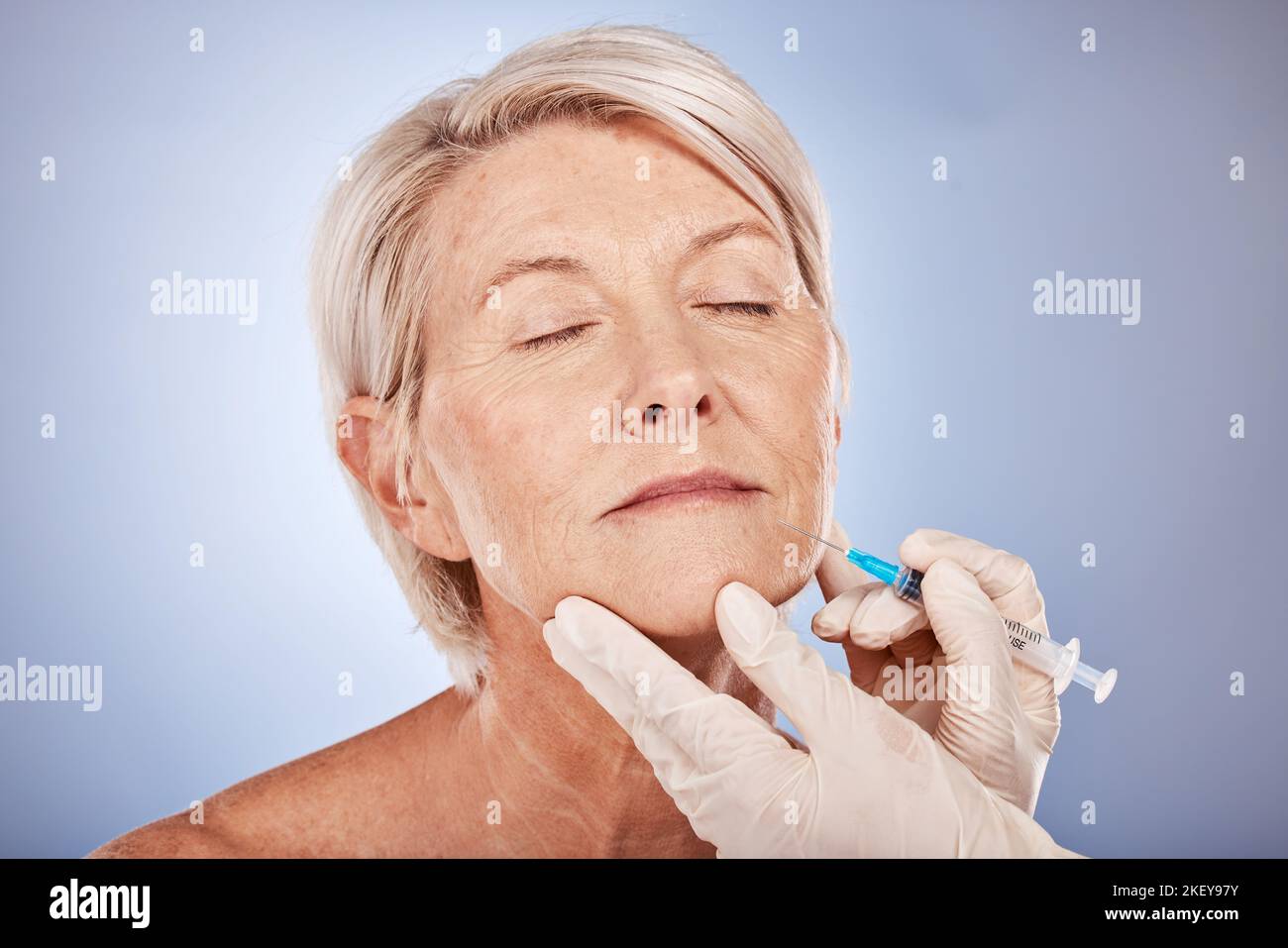 Botox, doctor hands and senior woman face for collagen, skincare and ...