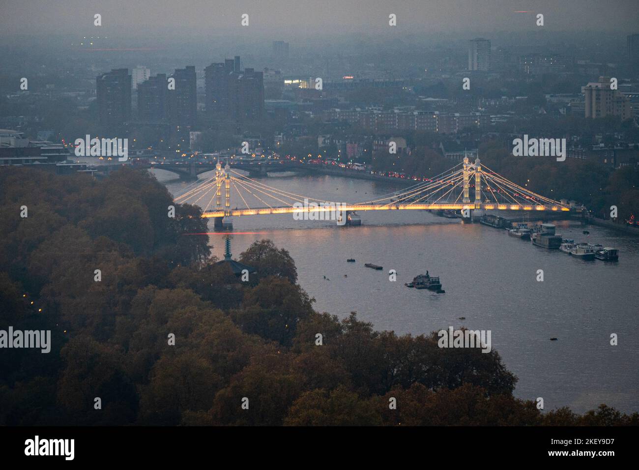 A view of Albert Bridge from Lift 109 at Battersea Power Station ...