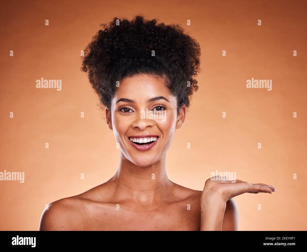 Black woman, skincare and advertising mockup in studio portrait with ...