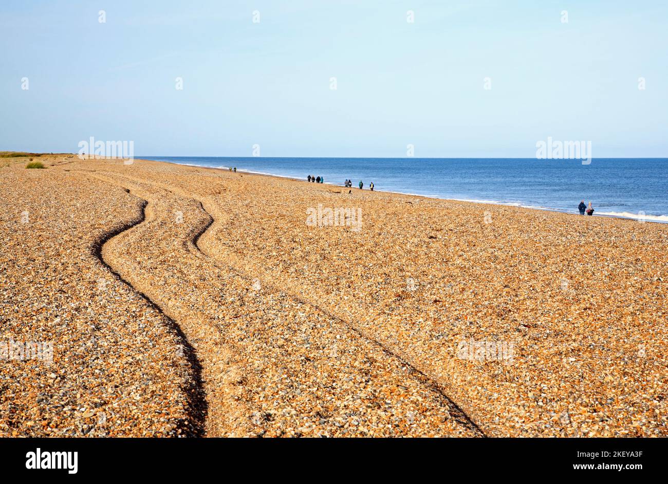 A view of the shingle beach with tractor tracks and people walking by ...