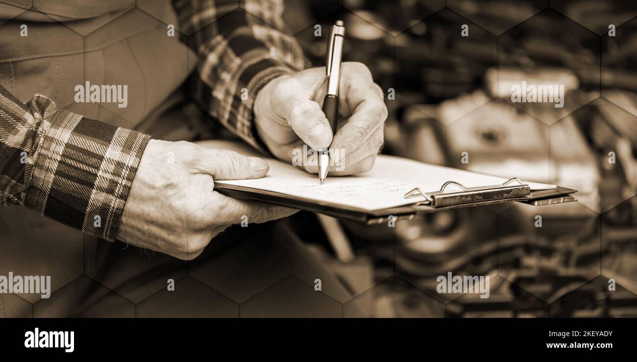 Car mechanic checking a car engine and writing on clipboard, geometric ...