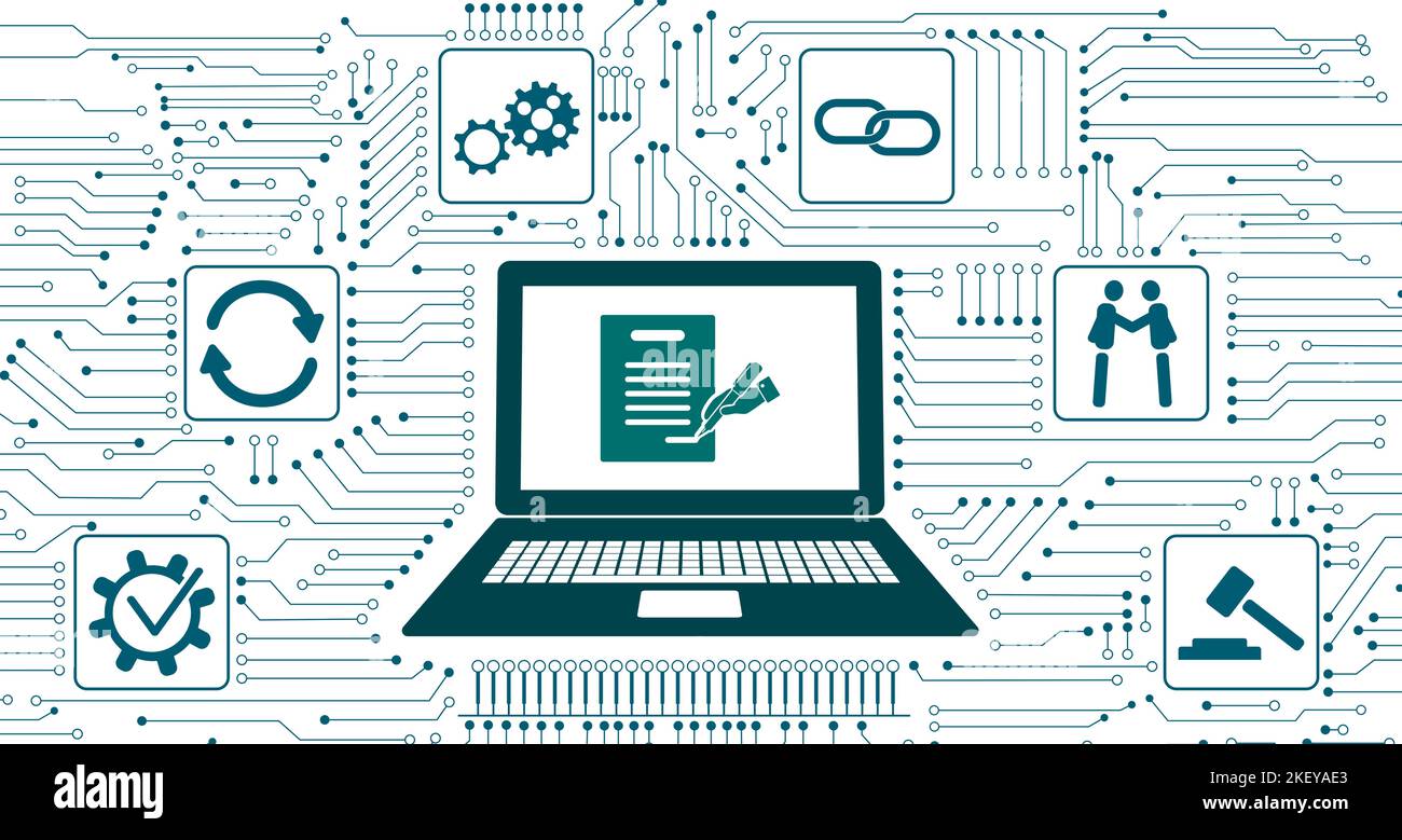 Concept of agreement with icons integrated in circuit Stock Photo - Alamy