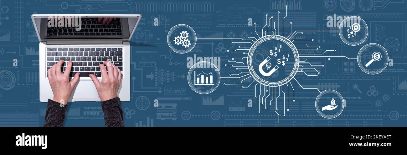 Top view of hands using laptop with symbol of crowdfunding concept ...
