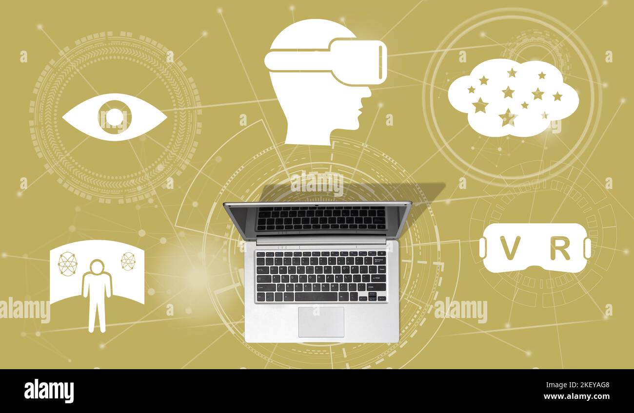 Top view of laptop with symbol of virtual reality concept Stock Photo ...