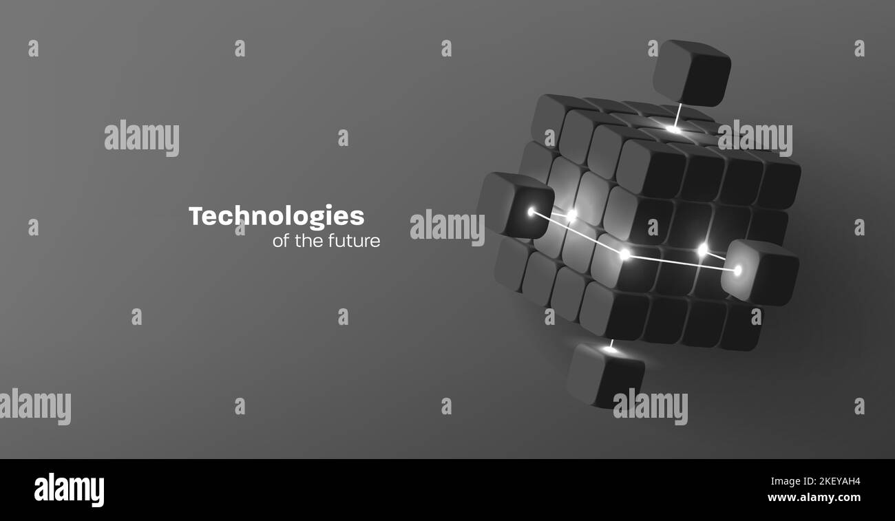 Black futuristic cube structured of smaller cubes with glowing light ...