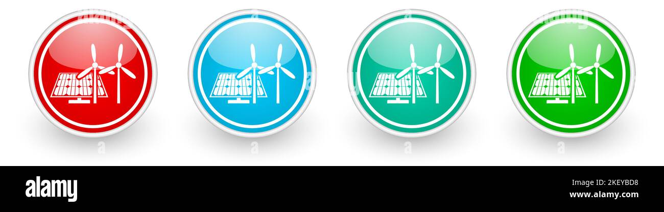 Wind and solar energy, renewables vector icons, colorful glossy buttons ...