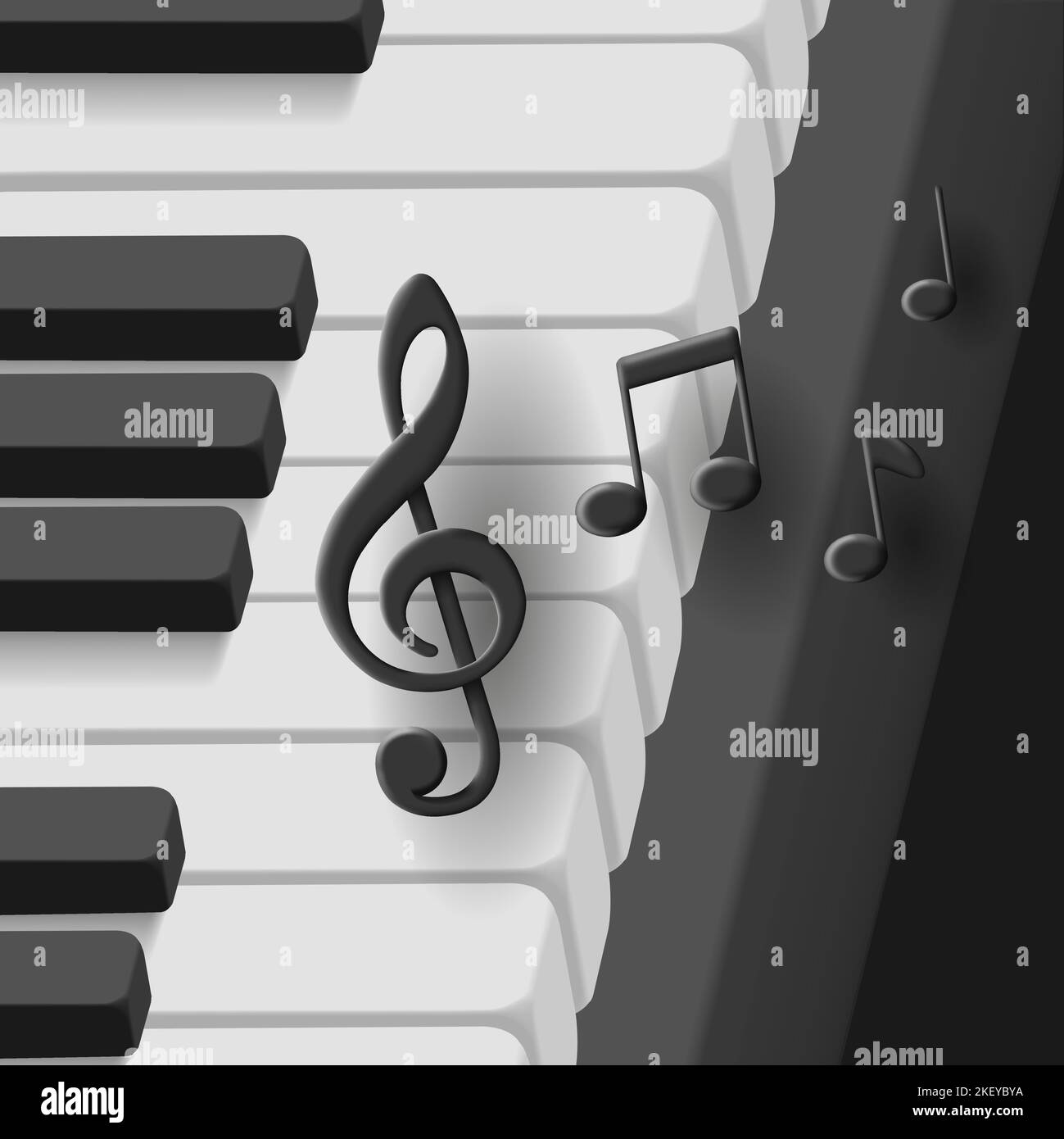 3d keyboard of piano with volume clef and notes, black and white album ...