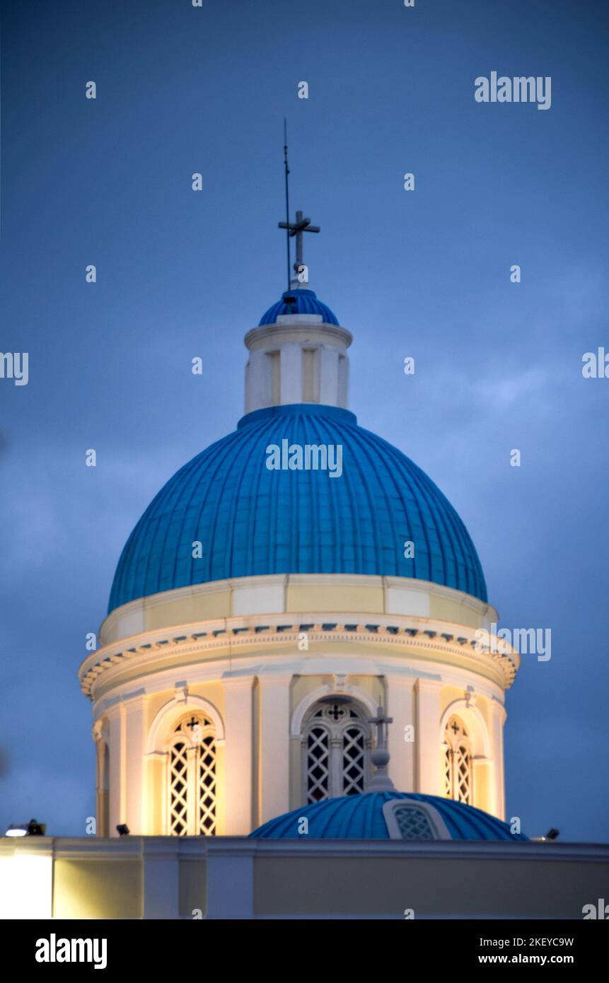 Architectural detail of Saint Nikolaos church at night on Piraeus city ...
