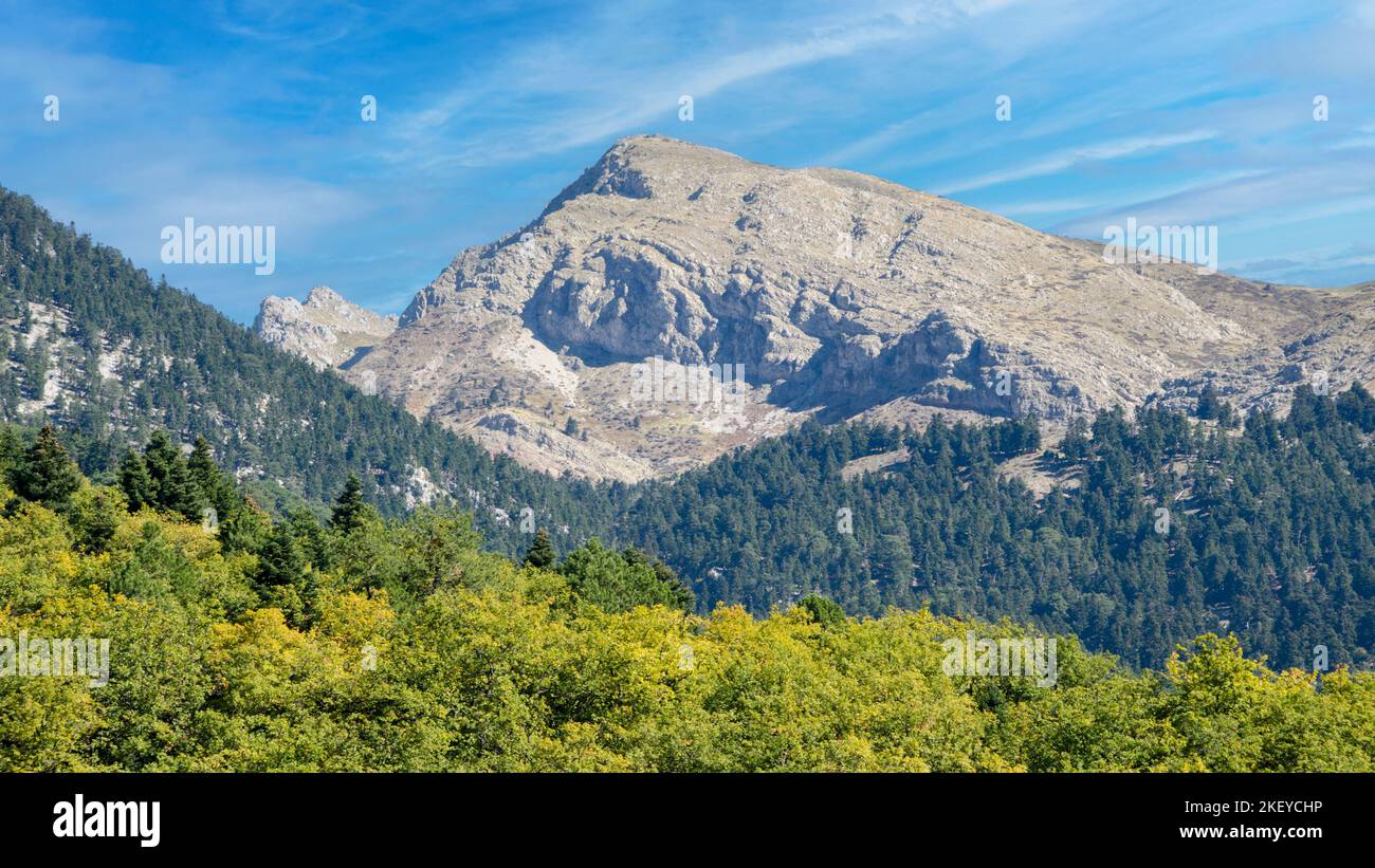 Landscape view of the mountain peak on Lake Doxa i in Ancient Feneos of ...